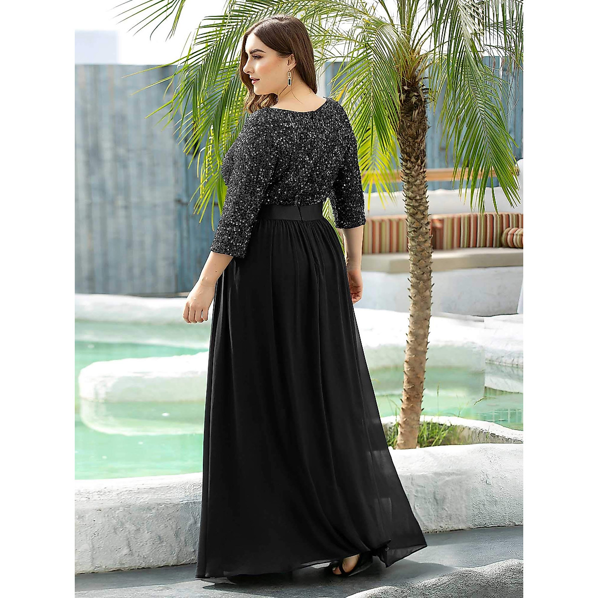 Ever-Pretty Women's Round Neck Maxi Dresses Sequin Plus Size Formal Dresses for Women Black US24