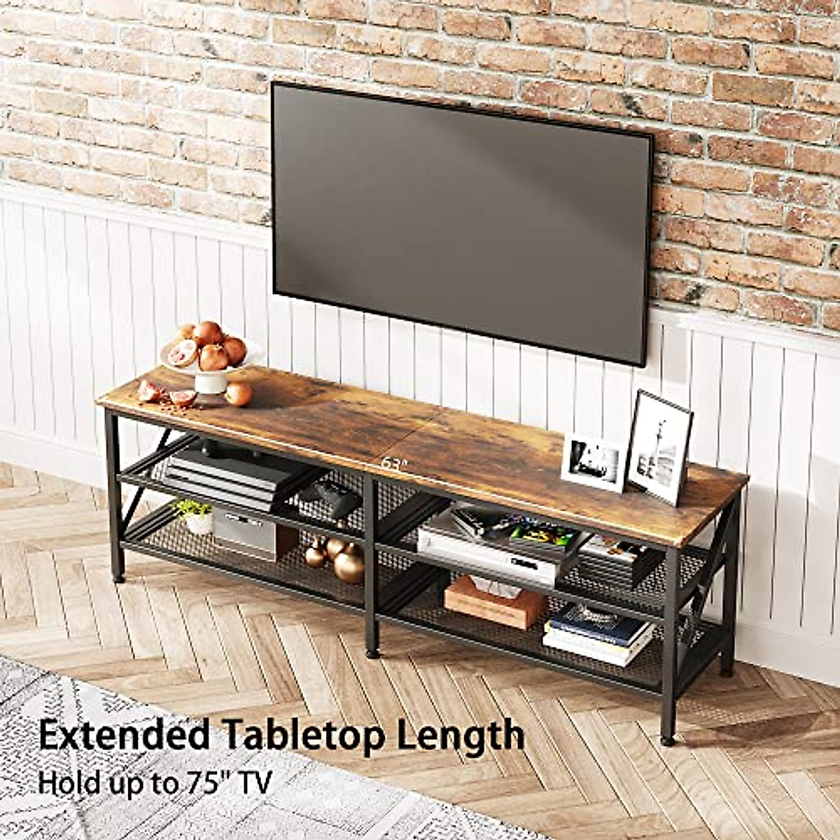 Mexin TV Stand for 65 75 Inch TV, 63 Inch TV Stands for Living Room and Bedroom, Industrial Television Stands, Entertainment Center with Storage, Modern TV Console, Rustic Brown