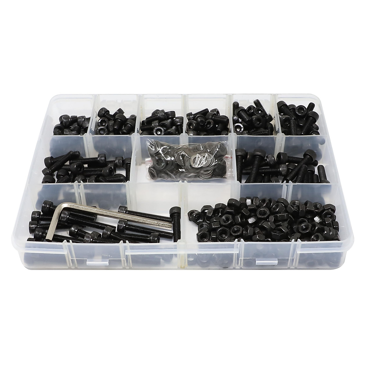iexcell 540 Pcs M5 x 6/8/10/12/14/16/20/25/30 Alloy Steel 12.9 Grade Hex Socket Head Cap Screws Bolts Hex Nuts Washers Assortment Kit, Black Oxide Finish