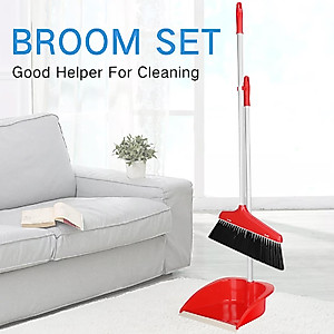 WILLBOND 12 Set Broom and Dustpan Set, Long Handle Broom with Upright Standing Dustpan, Broom with Dustpan Combo Set for Outdoor Kitchen Lobby Office Floor Cleaning (Red)