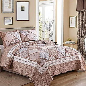 VIVILINEN Patchwork Quilt Set Full Queen Size 3-Piece Pink Floral Reversible Quilted Bedspread Coverlet Set Lightweight Stitched Comforter Bedding Set Bed Sheet Set Cover Blanket with 2 Pillow Shams