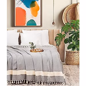 Luxurious Turkish Cotton Blanket - Soft, Large, Lightweight, and Breathable - Boho Style for Bed, Couch, and Home