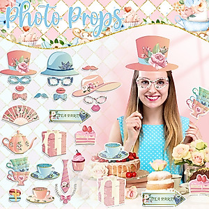 Tea Party Decorations, Let's Par Tea Decorations, Tea Party Photo Booth Props, Balloons, Tea Garden Party Decorations, Floral Teapot Cake Topper for Birthday Baby Shower Wedding Favors Girls Women