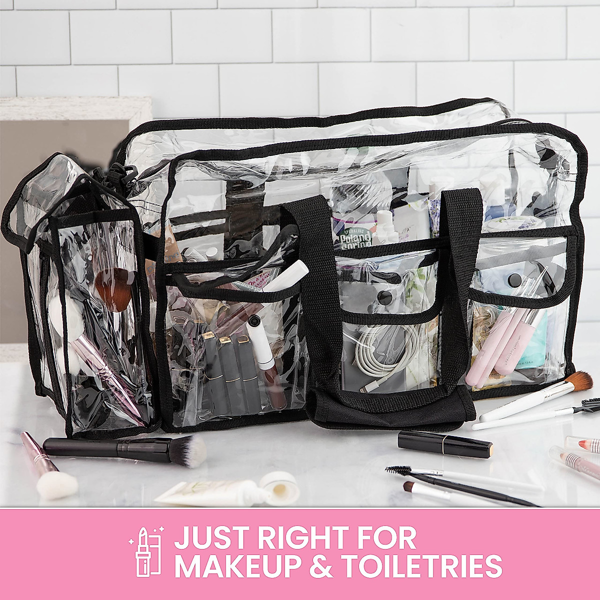 Large Clear Makeup Organizer Bag 17 inch x 9 inch x 10 inch, Cosmetic Bag with Sturdy Zipper and 4 External Pockets for Toiletries Adjustable Strap