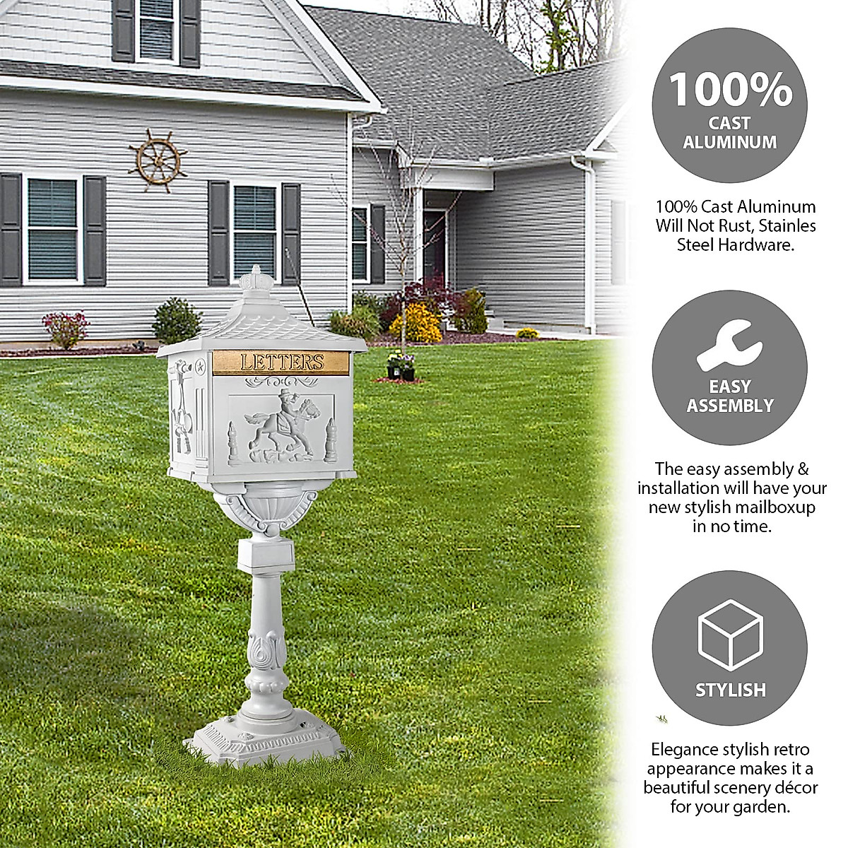 Polar Aurora Mailbox Cast Aluminum White Mail Box Postal Box Security Heavy Duty New