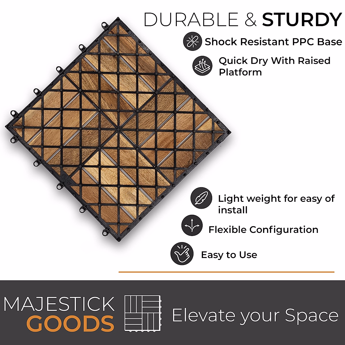 1 Sq Ft Single Interlocking Deck Tiles 12"x12" Sample Tile - Non-Slip All Weather Acacia Wood Outdoor Tiles for Patio - Decking, Porch and Balcony Flooring Tiles - Easy Install Wooden Deck Tile Pavers