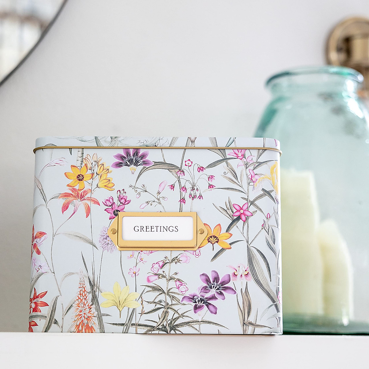 Vinca Blue Greeting Card Organizer and Storage Box with Dividers, Cards, and Envelopes | Greeting Card Keeper, Notecard Box, Birthday Card Organizer (Floral)