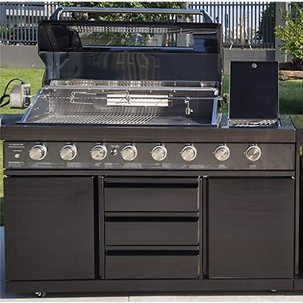 Modular 4 Piece Island Electric and Propane or Natural Gas BBQ Outdoor Black Stainless Steel Grill Kitchen with Double Wine Refrigerator, Sink, Rotisserie, Black Marble Top and FREE Protective Canvas Cover