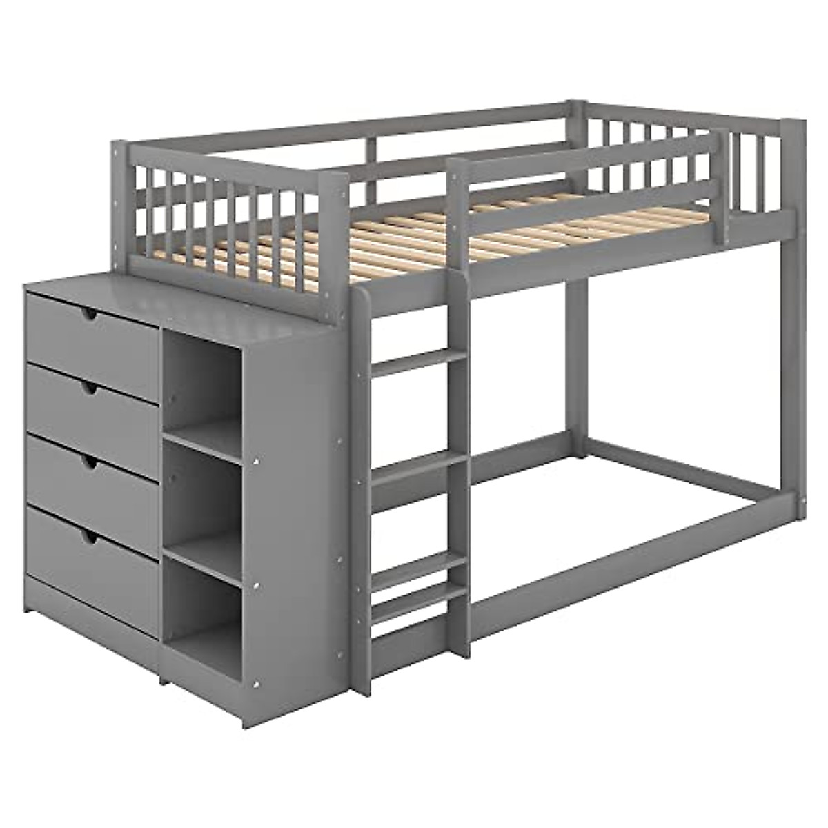 P PURLOVE Twin Over Twin Bunk Bed with Attached Cabinet and Shelves Storage, Wooden Bunk Bed Frame with Ladder and Guardrail, for Teens Girls Boys, Gray