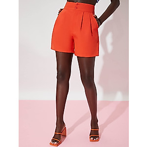 Floerns Women's Casual High Waisted Wide Leg Pleated Dressy Summer Workwear Shorts with Pockets Orange