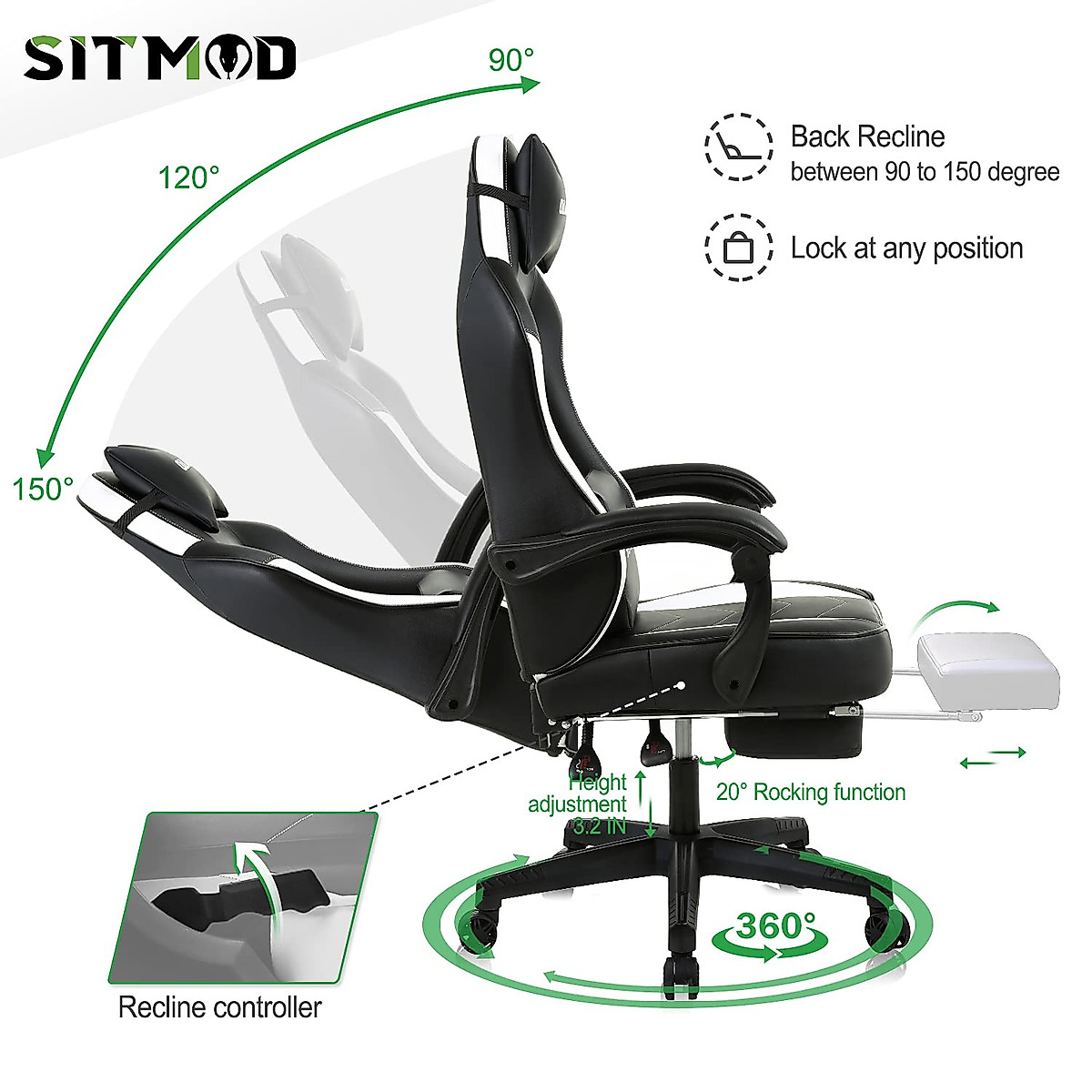 SITMOD Gaming Chair with Footrest-PC Computer Ergonomic Video Game Chair-Backrest and Seat Height Adjustable Swivel Task Chair for Adults with Headrest and Lumbar Support(Black-White)-PU Leather