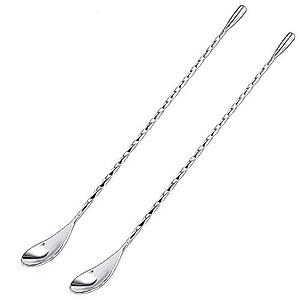 DIFENLUN 12 Inches Mixing Spoon Stainless Steel, 2 Pack Spiral Pattern Bar Spoon for Cocktail Shaker Tall Cups(Silver)