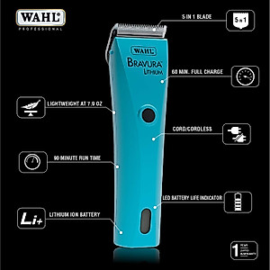 Wahl Professional Animal Bravura Lithium Powerful Motor Cord/Cordless Pet Clipper Kit (Turquoise) with Blade Brush