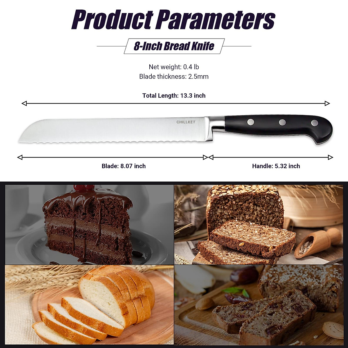 CHILLKET Bread Knife, Bread Slicer for homemade bread, 8 inch Serrated Knife for Crusty Bread, Sandwich, Cake, Bagels