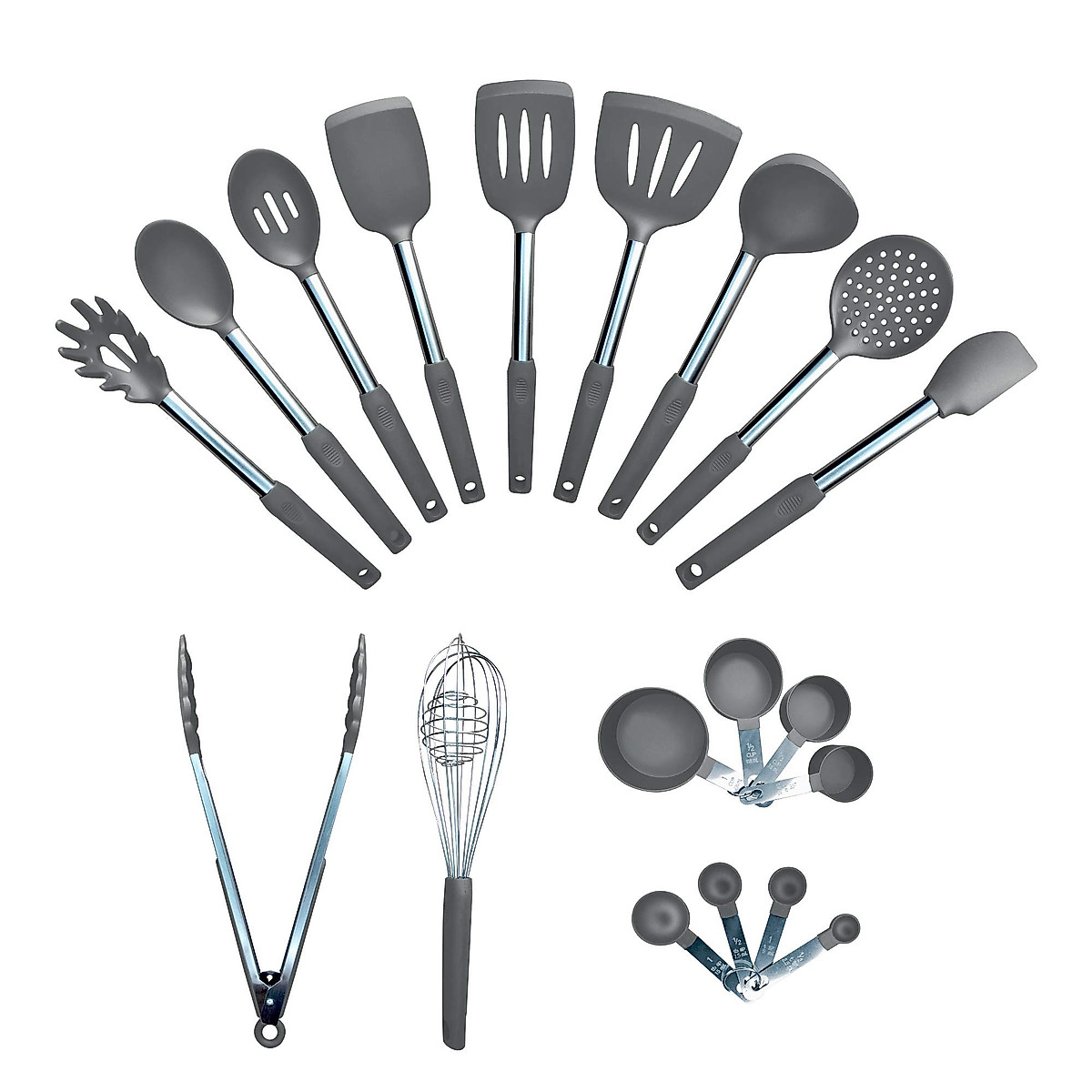 Home & Kitchen Essentials Cooking Utensils Set - Non Stick Silicone Kitchen Utensils Set - Stainless Steel Handles, Heat Resistant, BPA Free, and Dishwasher Safe (Gray, 19 Pieces)