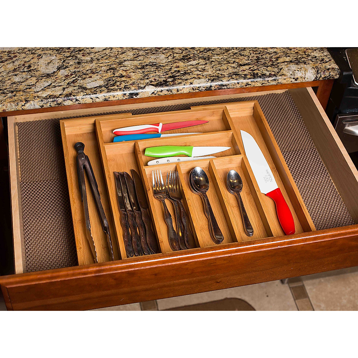 BirdRock Home Bamboo Expandable Utility Drawer Organizer – Utensil Silverware – Spoon Knife Fork – 17.5 Inch – Large – Natural Wood – Tray – Adjustable Kitchen Organization