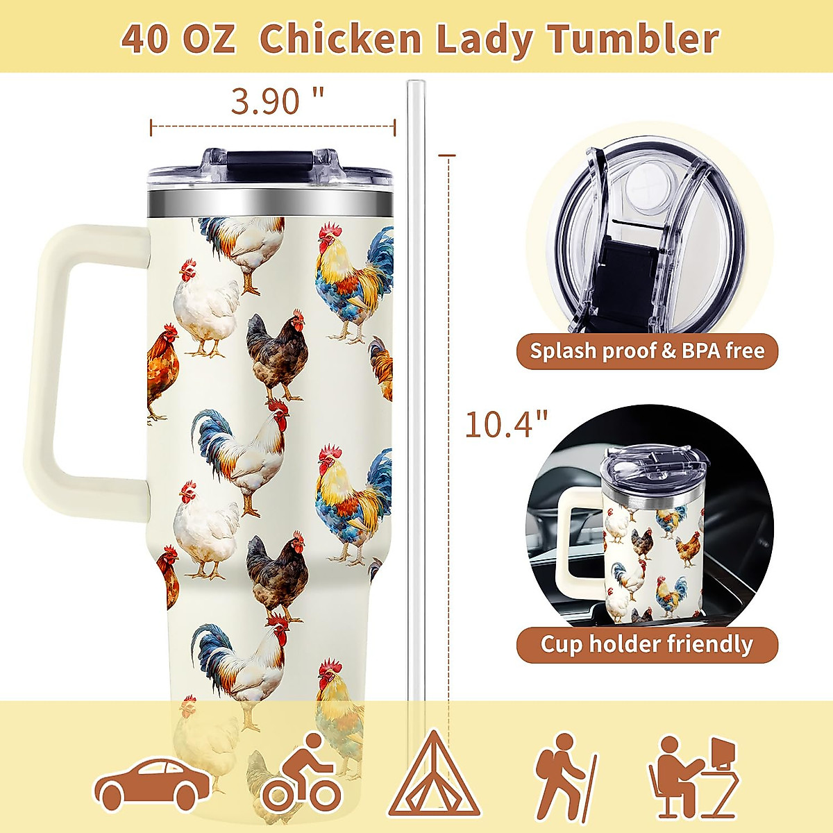 Gooddooes Chicken Lady Gifts,40oz Womens Tumbler with Handle,Chicken Lady Tumbler,Funny Chickens Cups Gift for Chickens Lovers Mom Women Wife Gifts for Mothers Day Birthday Christmas Valentines