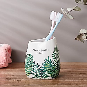 Coffeezone Irregular Shape Bathroom Accessories Set, 4 Piece Tropical Leaves Design Ceramic Bath Accessory Set with Soap Pump Dispenser, Toothbrush Holder, Tumbler & Soap Dish