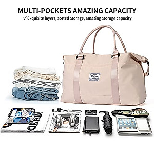 HYC00 Travel Duffel Bag, Sports Tote Gym Bag, Shoulder Weekender Overnight Bag for Women,Beige Large