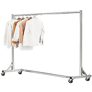 Simple Trending Industrial Grade Z-Base 70in extra long Clothes Garment Rack, Commercial Grade Rolling Clothing Rack, Heavy Duty 600lb Load with Wheels, Chrome.