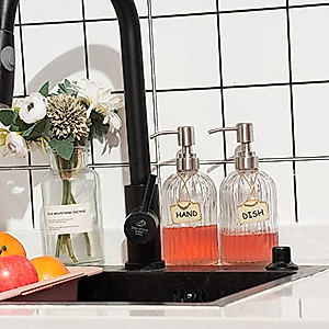 Funly mee Bathroom and Kitchen Clear Glass Soap Dispenser with Vertical Stripe - 16 Oz, 304 Rustproof Stainless Steel Pump, Refillable Liquid Glass Soap Dispenser for Hand Soap, Dish Soap (Clear)