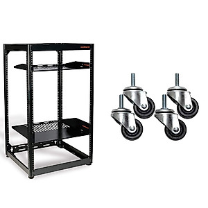 ECHOGEAR 20U Open Frame Rack & Caster Kit - Heavy Duty 4 Post Design Includes 2 Vented Shelves - Add Wheels to Your Serve Rack in Minutes