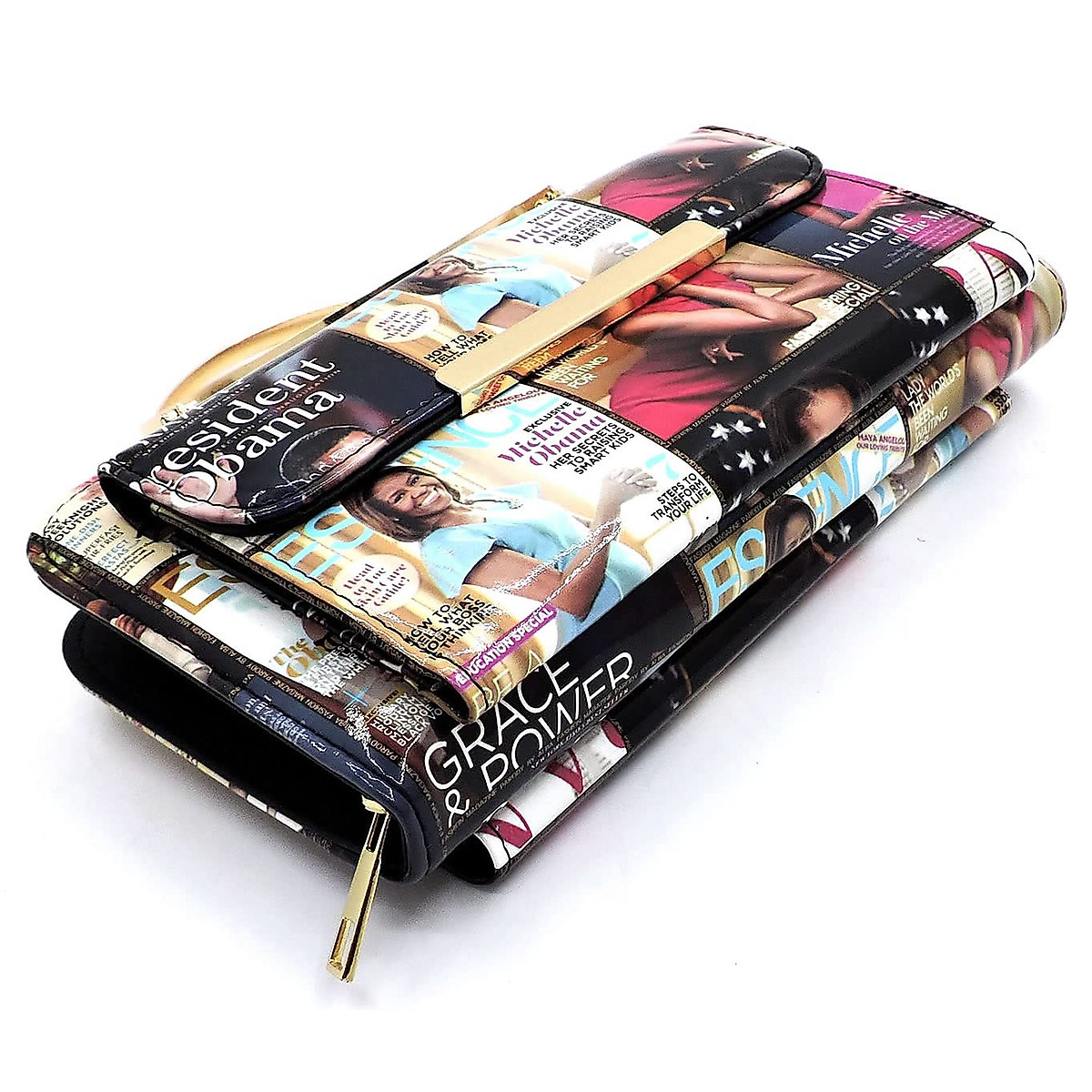 Magazine Cover Collage Round Top Handle Crossbody Bag Clutch Wallet (Grey/black)