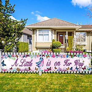Labakita A Little Butterfly is on Her Way Banner, Purple Butterfly Baby Shower Decorations for Girl, Girl Baby Shower Banner for Courtyard / Garden / Yard, Gender Reveal Decorations