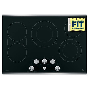 GE PP7030DJBB 30 Inch Electric Cooktop with 5 Radiant, Bridge SyncBurners, 9/6 Inch Power Boil Element, Keep Warm Setting, Red LED Backlit Knobs, ADA Compliant Fits Guarantee