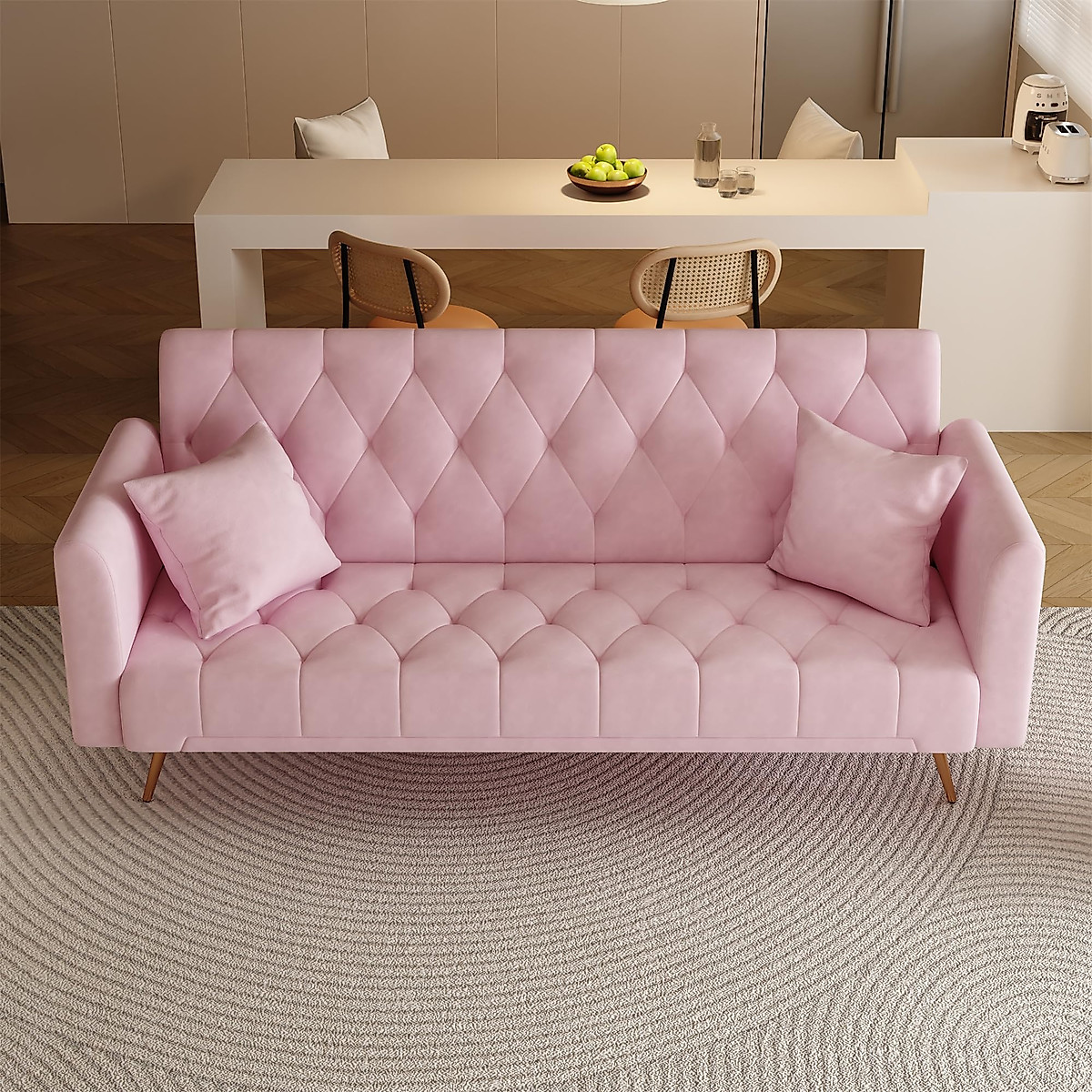 SumKea 71'' Modern Velvet Futon Sofa Bed, Loveseat Sofa, Convertible Folding Sleeper Couches with Adjustable Backrests and 2 Pillow, Lounge Sofa with Golden Chrome Legs, Pink