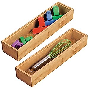 mDesign Slim Wooden Bamboo Drawer Organizer - 12" Long Stackable Storage Box Tray for Kitchen Drawers/Cabinet - Utensil, Silverware, Spatula, Flatware Holder - Echo Collection, 2 Pack, Natural Wood