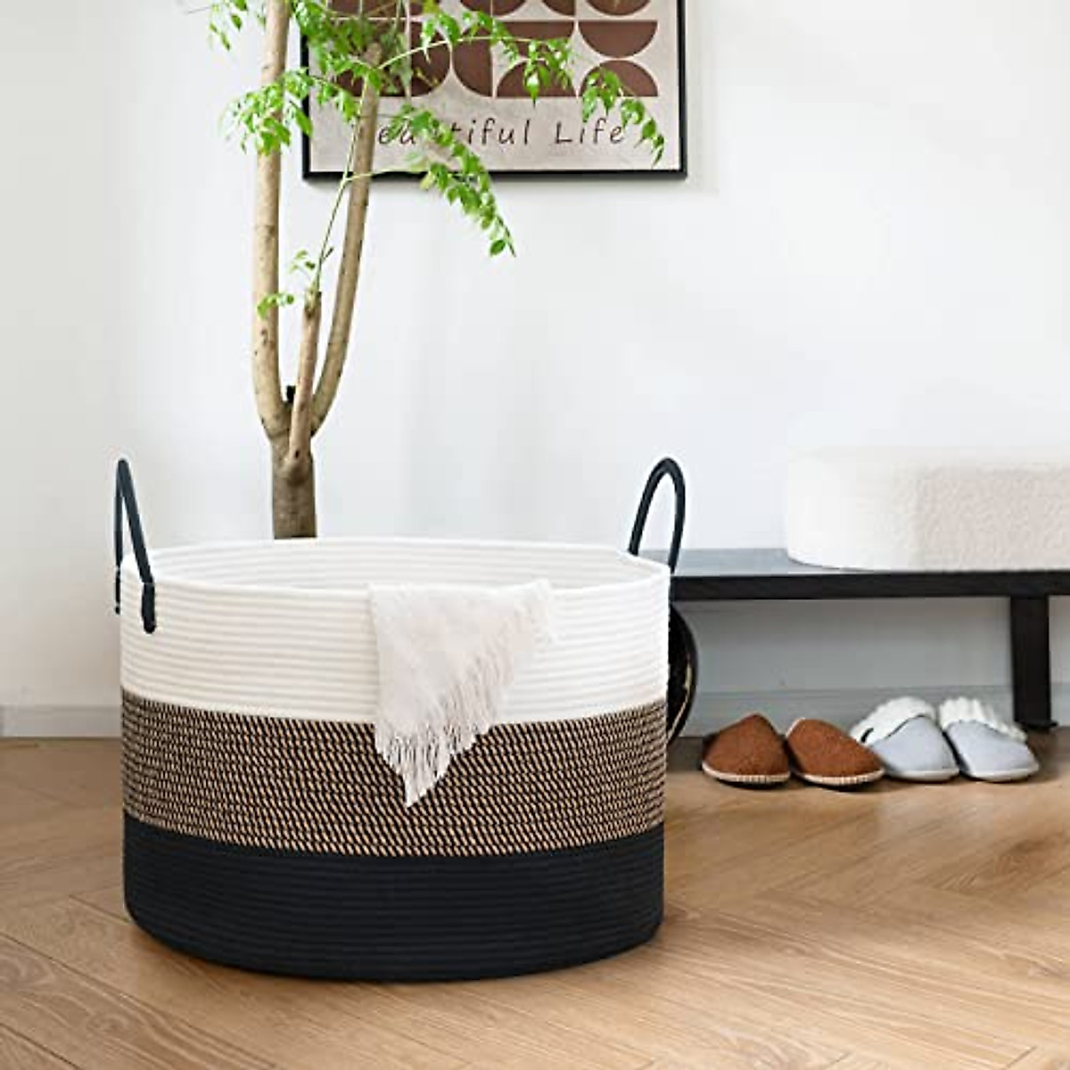 HiChen Large Woven Rope Basket With Handles, Blanket Basket Living Room, Baby Toy Nursery Storage Basket, Large Round Laundry Basket, 21.7 x 13.8 inches, 83L