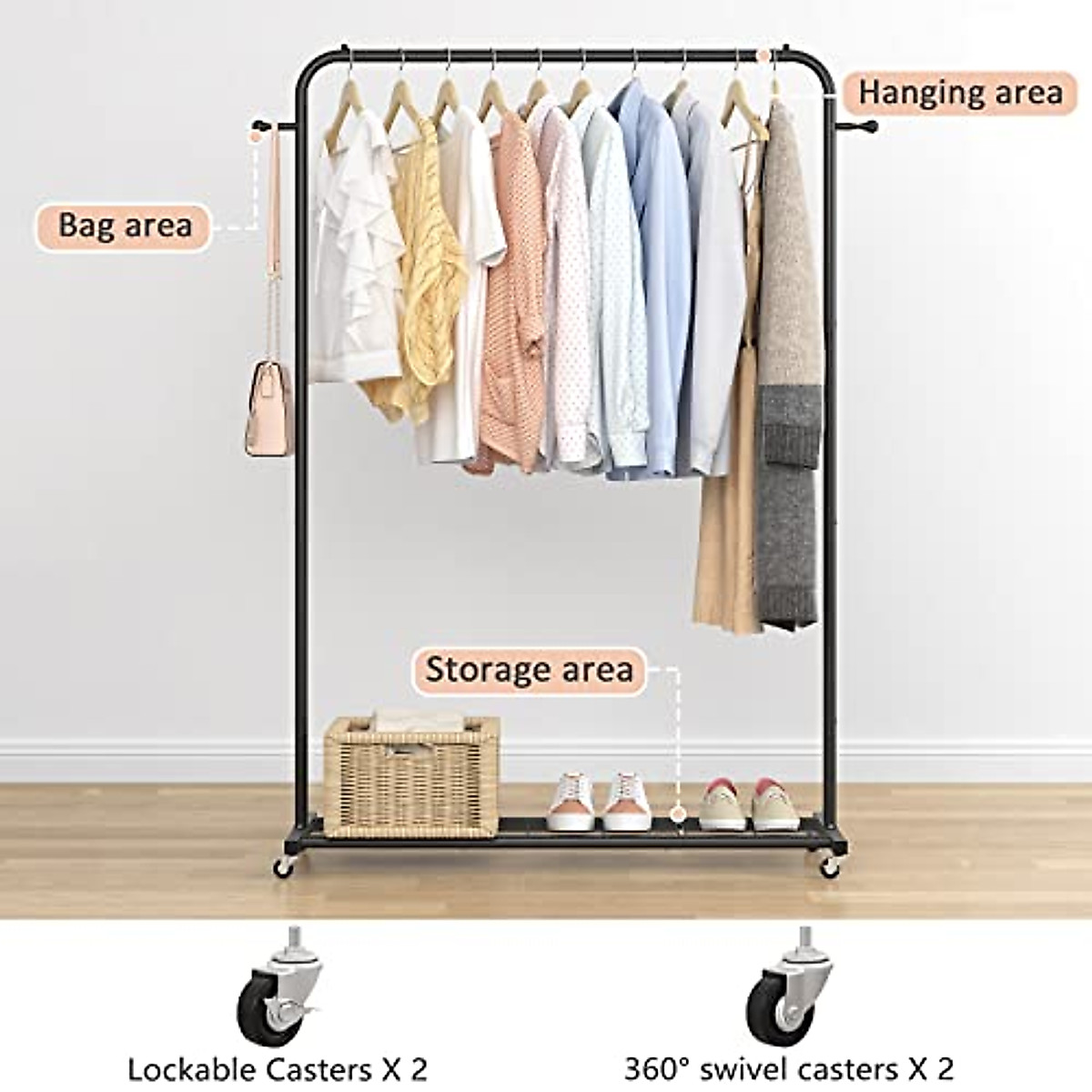 Sywhitta Clothes Rack on wheels, Clothing Rack with Bottom Mesh Storage Shelf,Sturdy Metal Frame,Rolling Garment Rack for Hanging Clothes,Coats,Skirts,39.76" L x 16" W x 64.56" H,Black