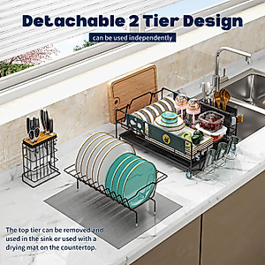 slhsy Dish Drying Rack for Kitchen Counter,Detachable 2 Tier Stainless Steel Dish Strainers with Utensil/Cup/Cutting-Board Holder and Knife Block Rust-Proof Dish Drainer，Black