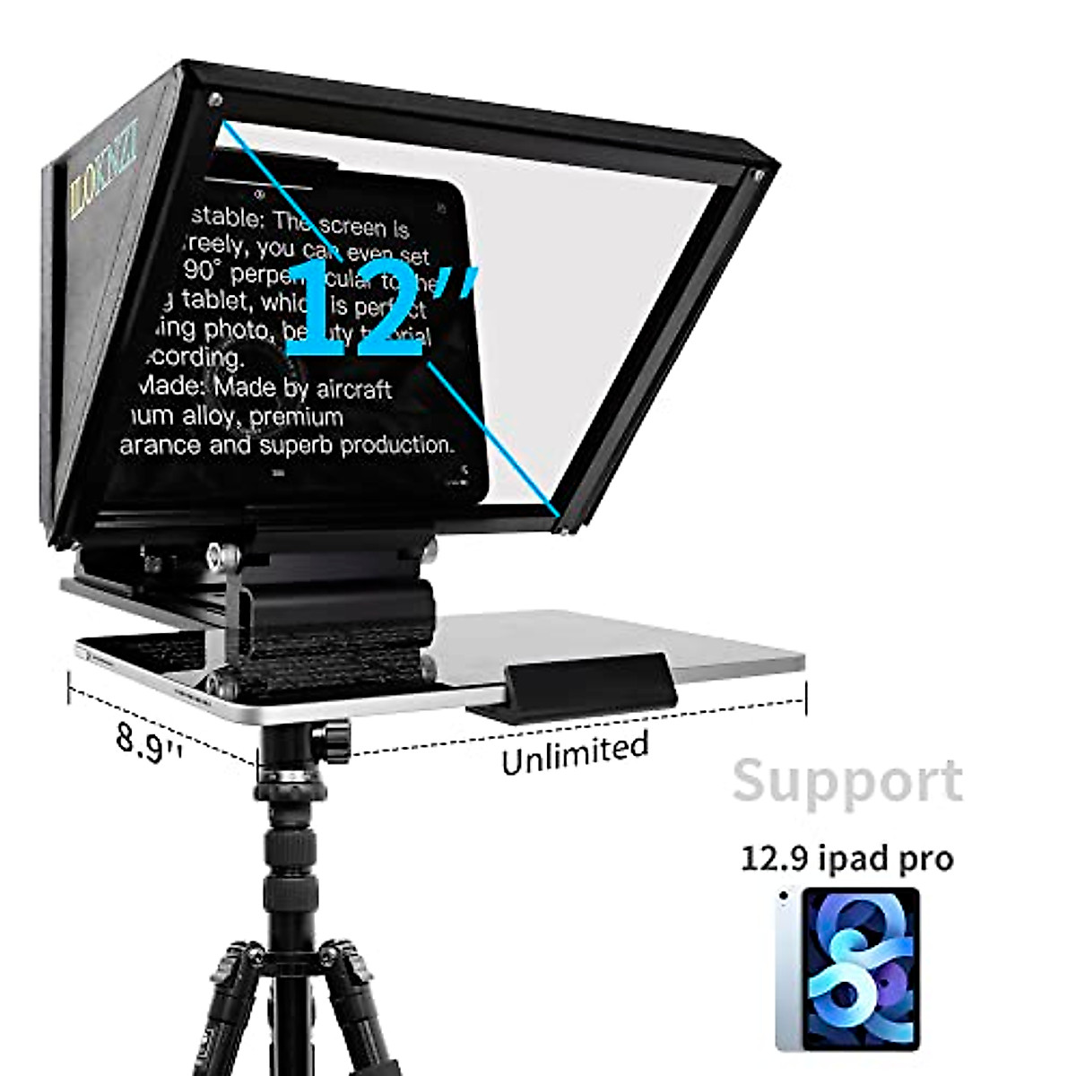 ILOKNZI i7 /12 inch Teleprompter with Remote Control, Adjustable Camera mounting Platform Aluminum Made for 12.9" Tablets Rotatable Tempered Optical Glass Includes Carry case.