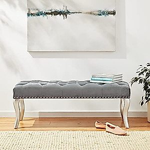 Roundhill Furniture Decor Maxem Tufted Fabric Upholstered Seat with Nailhead Trim Bench, Gray