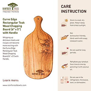 Rainforest Bowls 6"x5" Curved Edge Rectangular Javanese Teak Wood Cutting Board w/Handle- Ultra-Durable, Heavy Duty, Lasts Years w/Daily Use- Premium Style Handcrafted by Indonesian Artisans