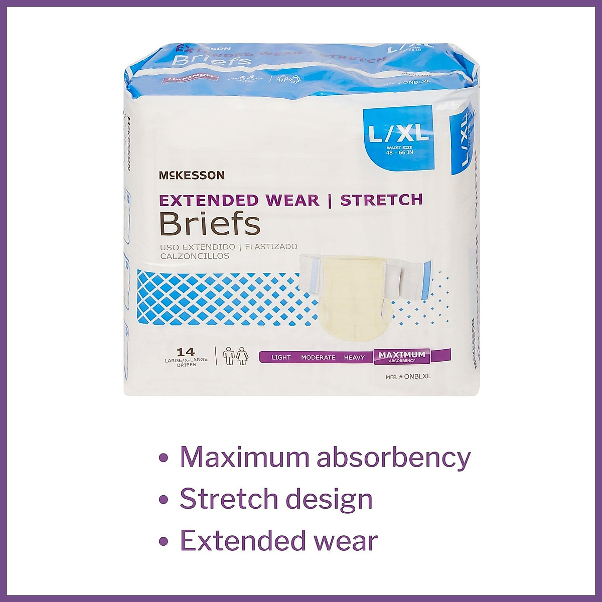 McKesson Extended Wear Stretch Briefs, Incontinence, Maximum Absorbency, Large, 14 Count, 4 Packs, 56 Total