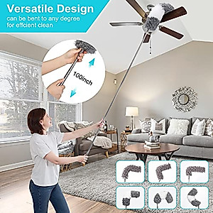 12pcs Microfiber Dusters, Duster with Extension Pole(Stainless Steel) 30 to 100'', Washable Dusters, Bendable Extendable Long Feather Duster for Cleaning Fan, High Ceiling, Blinds, Furniture, Cars
