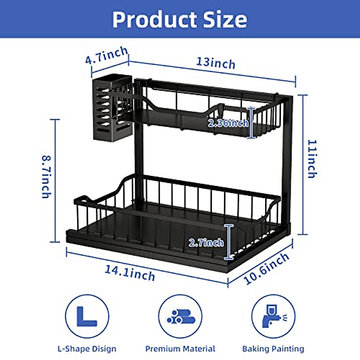 XILIDIA Under Sink Organizer, 2-Tier Metal Under Sink Organizers and Storage for Kitchen Bathroom Cabinet,2 Tier Spice Rack,Rustproof Pull Out Cabinet Organizer for Storage