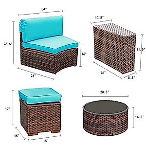 OC Orange-Casual 9-Piece Patio Furniture Set Half-Moon Sofa Outdoor All-Weather Wicker with Coffee Table & Set of Ottomans, Brown Rattan Turquoise Cushion (Pillows Included)