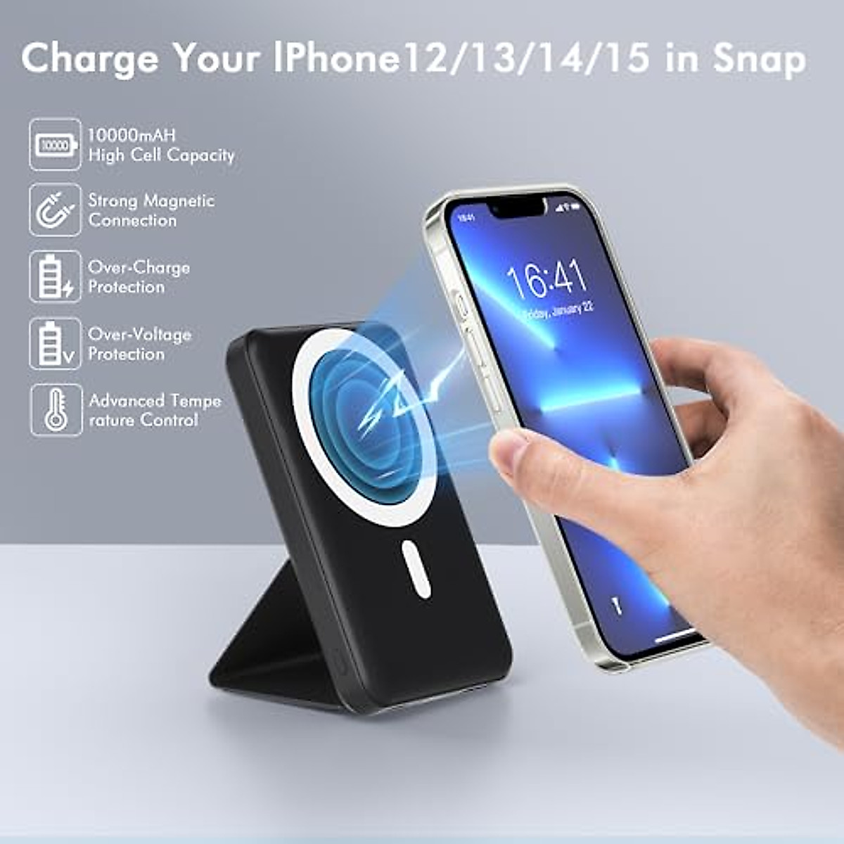 podoru Magnetic Power Bank, Foldable 10000mAh Wireless Magnetic Portable Charger with USB-C Cable LED Display 22.5W PD Fast Charging Magnetic Battery Pack for iPhone 15/14/13/12/Mini/Pro Max-Black