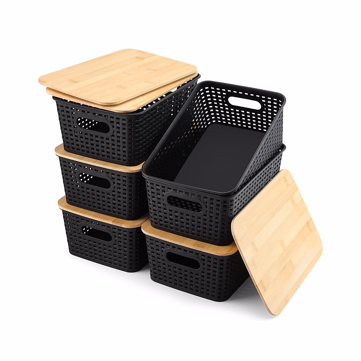 AREYZIN Storage Bins with Bamboo Lids Set of 6 Lidded Storage Container Plastic Baskets Organizer Bins for Organizing Kithen Room Bedroom Office Closet, Sturdy(Black)