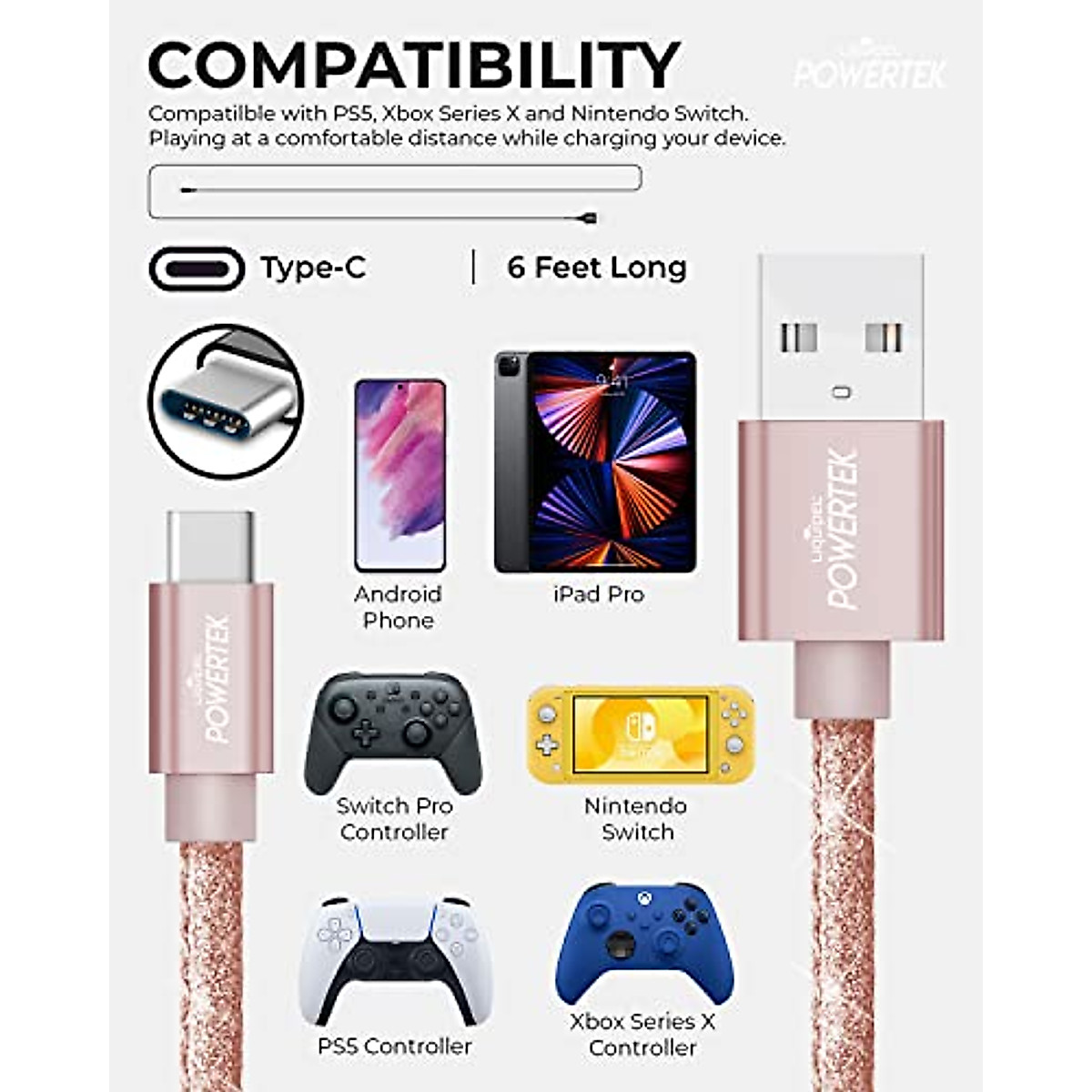 LIQUIPEL USB Type C Cable 6ft, USB A 2.0 to USB-C Fast Charger Extra Long Durable, Glitter Cables (Rose Gold)