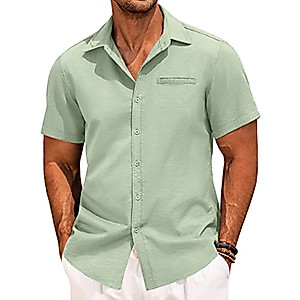 COOFANDY Mens Casual Short Sleeve Button Shirts Regular Fit Linen Shirt Lightweight Summer Tropical Shirts for Men Green