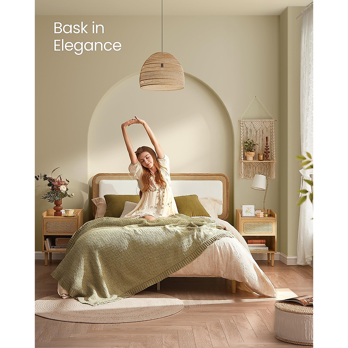 VASAGLE BOHOVEN Collection - Nightstands with Charging Station, Set of 2, Bedside Tables with Motion Sensor Lights, Rattan-Like Side End Tables, Solid Wood Legs, for Bedroom, Boho Style, Oak Beige