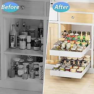 OVICAR Pull Out Cabinet Organizer - Expandable Slide Out Drawer - 21" Deep Adhesive Storage Shelf with 4pcs Divider Racks for Kitchen Pantry Bathroom Home, 12.2"-20.7" W, White