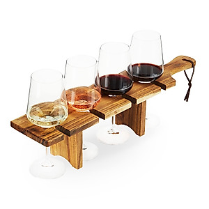 Twine Easy Wine Flight Server, Wine Tasting Carrier Board, Holds 4 Stemmed Wine Glasses, Acacia Wood Serving Tray, Set of 1