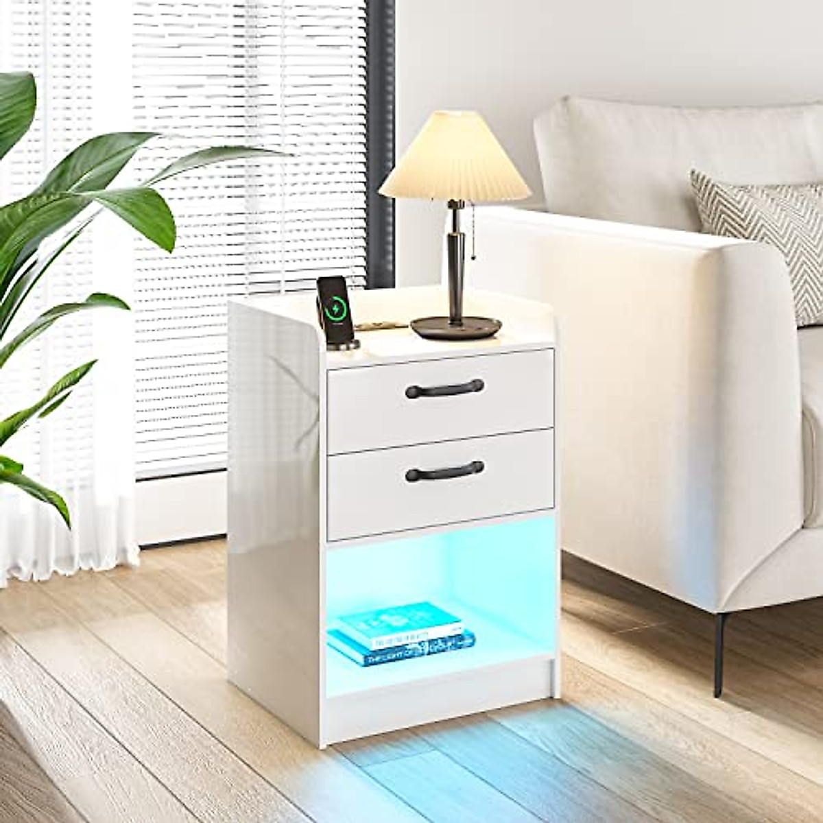 4 EVER WINNER Nightstand Set of 2 LED Light Nightstand with Charging Station, End Table with 2 Drawers for Bedroom, Bedside Table with Power Outlets & USB Ports, White