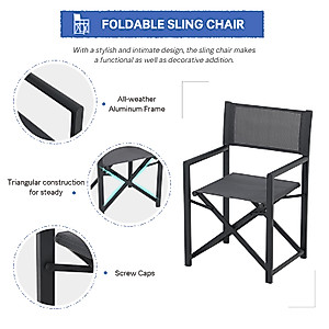 Soleil Jardin Outdoor Folding Director Chair Set of 2, Aluminum Portable Dining Chair Beach Chair for Camping Picnic Garden, Dark Grey Frame